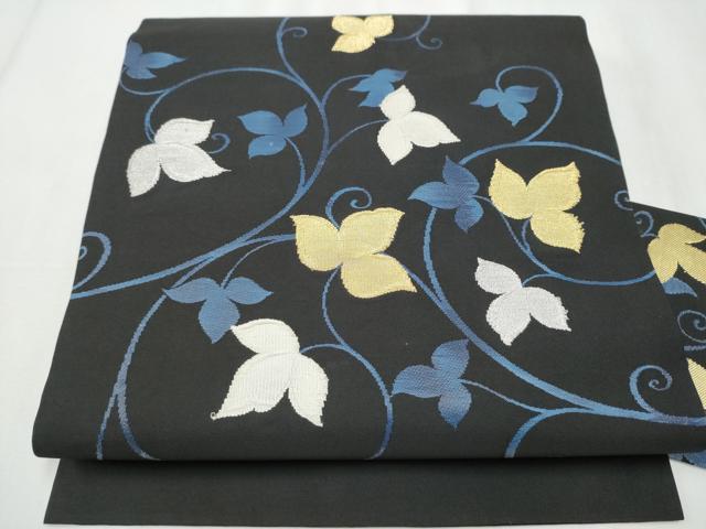 平和屋着物●九寸名古屋帯　すくい織　蔦の葉文　黒地　金糸　正絹　逸品　CAAZ4376hy