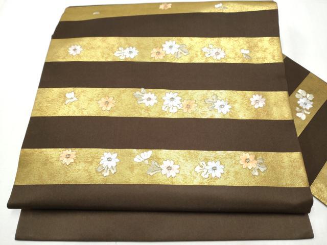平和屋着物●九寸名古屋帯　刺繍　横段花丸文　金彩　引箔　正絹　逸品　CAAZ4385hy
