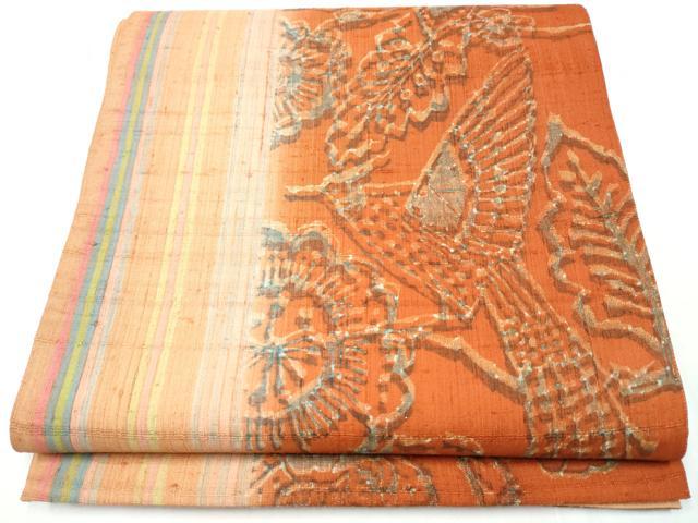 平和屋着物●全通柄袋帯　生紬　花鳥文　正絹　逸品　CAAZ4393hy