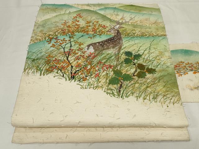 平和屋着物●九寸名古屋帯　作家物　手描き　髭紬　動物草花文　正絹　逸品　未使用　CAAZ6401dy