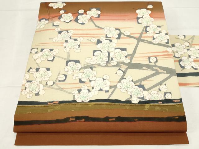 平和屋着物●塩瀬　九寸名古屋帯　枝梅文　金彩　正絹　逸品　CAAZ6402dy