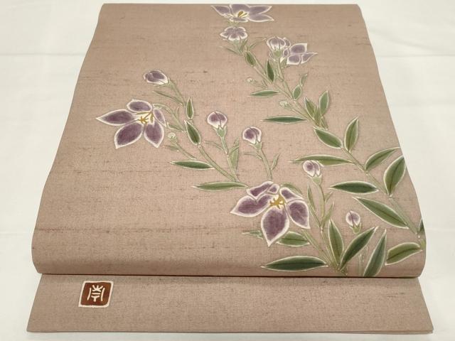 平和屋着物●九寸開き名古屋帯　作家物　手描き　紬地　草花文　正絹　逸品　CAAZ6404dy