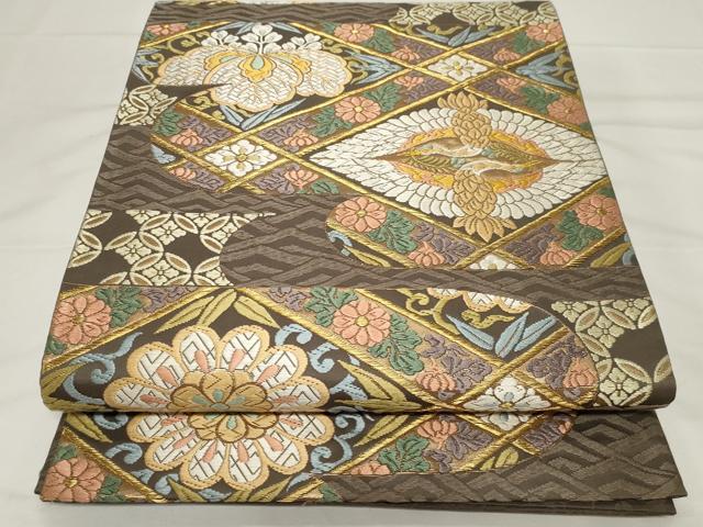 平和屋着物●六通柄袋帯　唐織　双鶴草花文　金糸　正絹　逸品　CAAZ6427dy