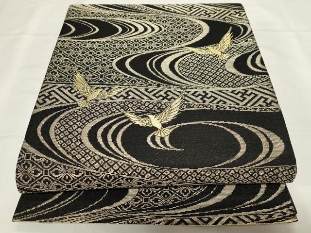 平和屋着物●染色作家　斉藤三才　六通柄袋帯　流水吉祥文　黒地　金糸　正絹　逸品　未使用　CAAZ6437dy
