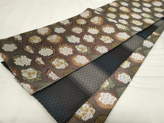 平和屋着物●両面　六通柄袋帯　染元　仲野人忍　黄橡染　花丸文　金糸　正絹　逸品　CAAZ6467dy