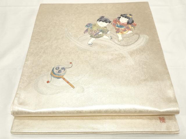 平和屋着物●太鼓柄袋帯　作家物　わらべ　縄とび　金糸　引箔　正絹　逸品　CAAZ6480dy