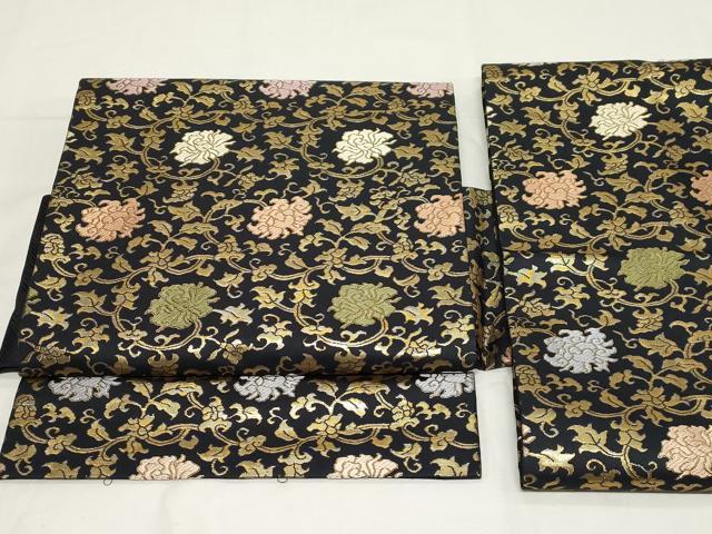 平和屋着物●つけ帯　更紗花文　黒地　金糸　正絹　逸品　CAAZ6481dy