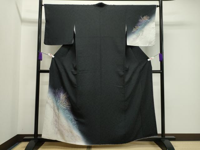 平和屋着物●訪問着　草木シルエット　暈し染め　黒地　金彩　ラメ　さが美扱い　正絹　逸品　未使用　CAAZ6490dy