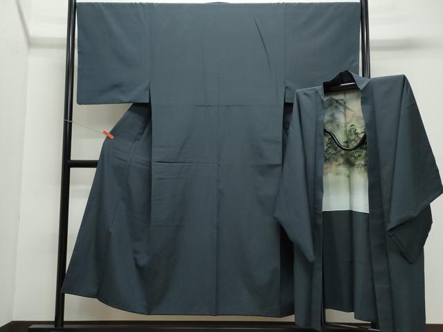 平和屋着物●男性　紬　アンサンブル　藍鉄色　正絹　逸品　CAAZ8141vf