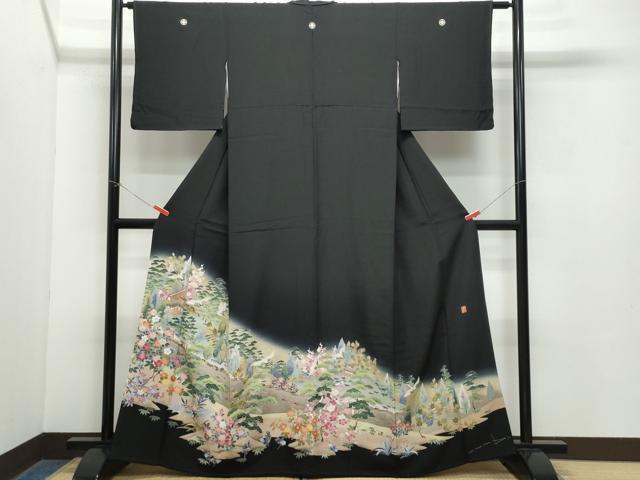 平和屋着物●豪華黒留袖　友禅　作家物　飛鶴風景草花文　正絹　逸品　CAAZ8153vf