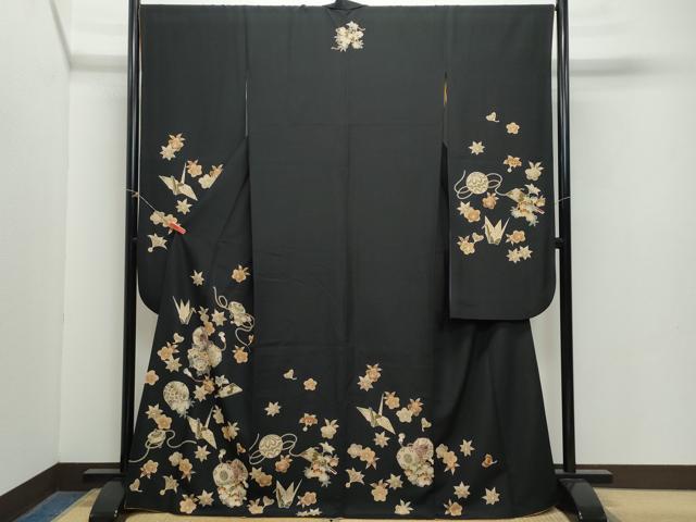 平和屋着物●豪華振袖　玩具鼓花文　黒地　洗える着物　CAAZ8178vf