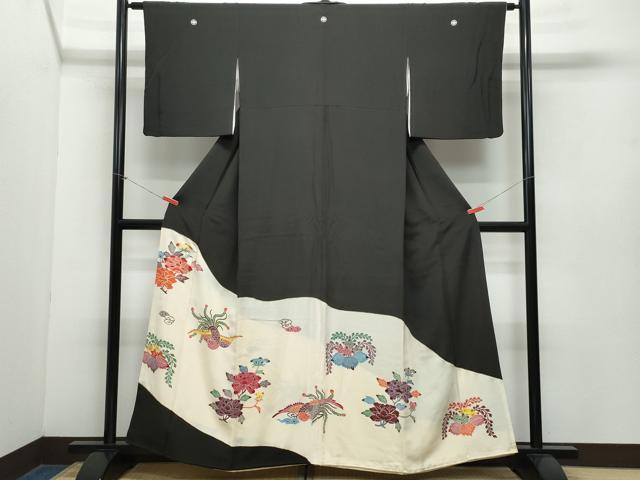 平和屋着物●豪華黒留袖　型染め　鳳凰草花文　正絹　逸品　CAAZ8269vf