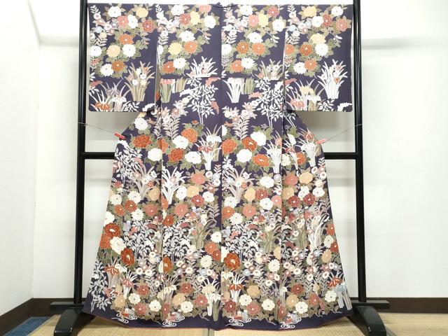 平和屋着物●訪問着　鴛鴦草花文　金彩　鬼しぼ縮緬　正絹　逸品　CAAZ8310vf