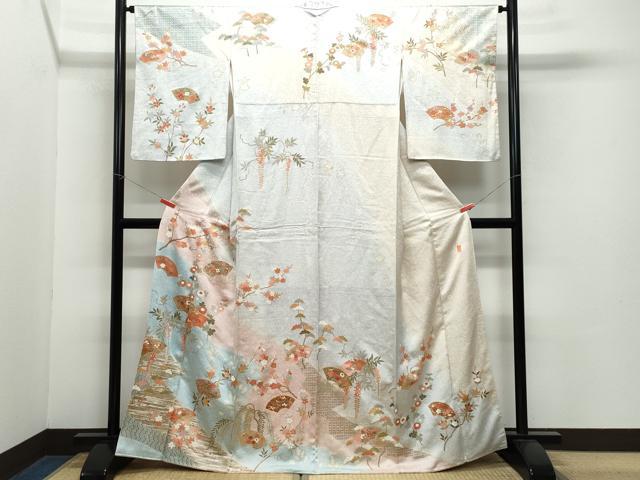 平和屋着物●十日町老舗ブランド　吉澤友禅　吾妻徳穂　訪問着　駒刺繍　慶彩小袖　地紙草花文　金彩　三越扱い　正絹　逸品　CAAZ8312vf