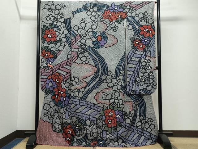 平和屋着物●豪華振袖　総絞り　渡り橋草花文　正絹　逸品　CAAZ8314vf