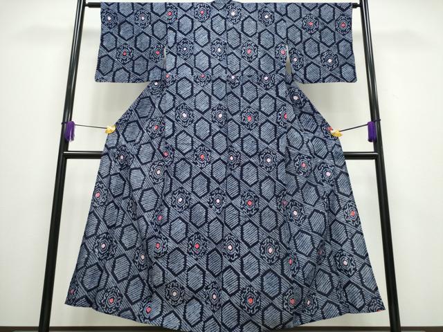 平和屋着物∴夏物　浴衣　有松鳴海絞り　亀甲花文　綿　逸品　CABA0430ng