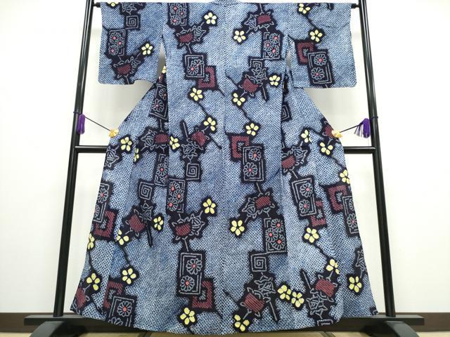 平和屋着物∴夏物　浴衣　有松鳴海絞り　色紙重ね枝梅菊文　綿　逸品　CABA0436ng