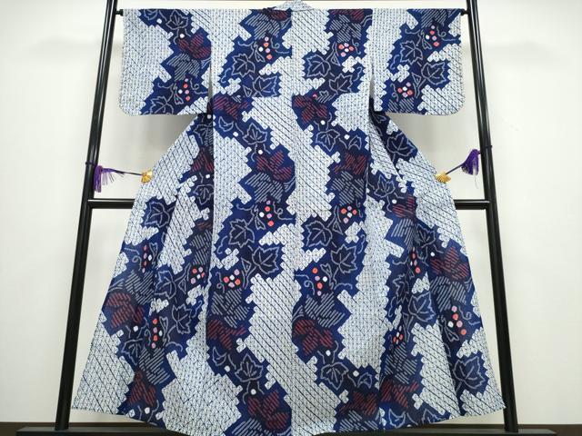 平和屋着物∴夏物　浴衣　有松鳴海絞り　葡萄蔦の葉文　綿　逸品　CABA0443ng