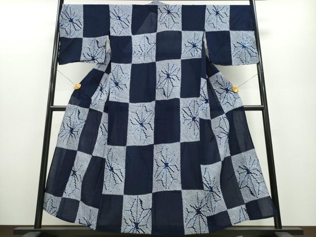 平和屋着物∴夏物　浴衣　有松鳴海絞り　市松麻の葉文様　綿　逸品　CABA0473ng