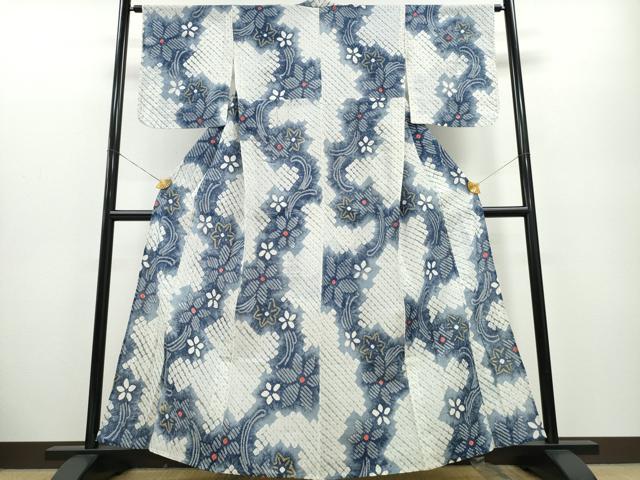 平和屋着物∴夏物　浴衣　有松鳴海絞り　舞花文　綿　逸品　CABA0474ng