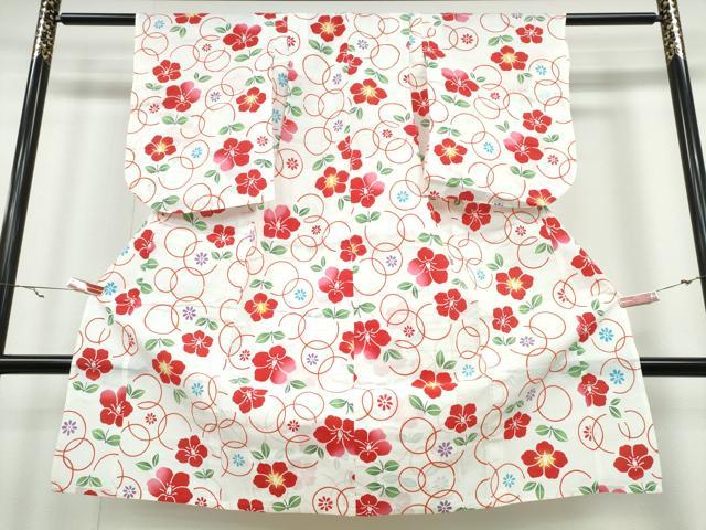 平和屋着物∴夏物　浴衣　子供　女の子　椿　綿　逸品　CABA0491ng