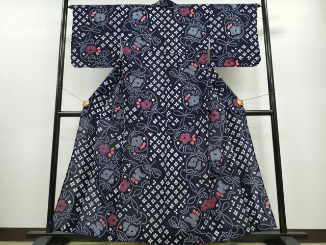 平和屋着物∴夏物　浴衣　有松鳴海絞り　結び紐団扇花文　綿　逸品　CABA0611ng