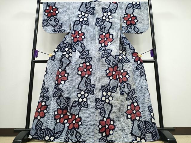 平和屋着物∴夏物　浴衣　有松鳴海絞り　枝花文　綿　逸品　CABA0616ng