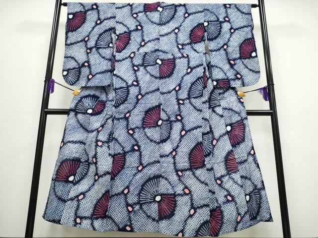 平和屋着物∴夏物　浴衣　有松鳴海絞り　扇吉祥文　綿　逸品　CABA0619ng