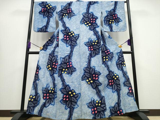 平和屋着物∴夏物　浴衣　有松鳴海絞り　枝葉花文　綿　逸品　CABA0630ng