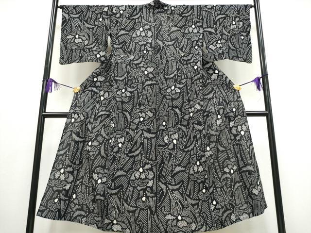 平和屋着物∴夏物　浴衣　有松鳴海絞り　草花文　黒地　綿　逸品　CABA0635ng