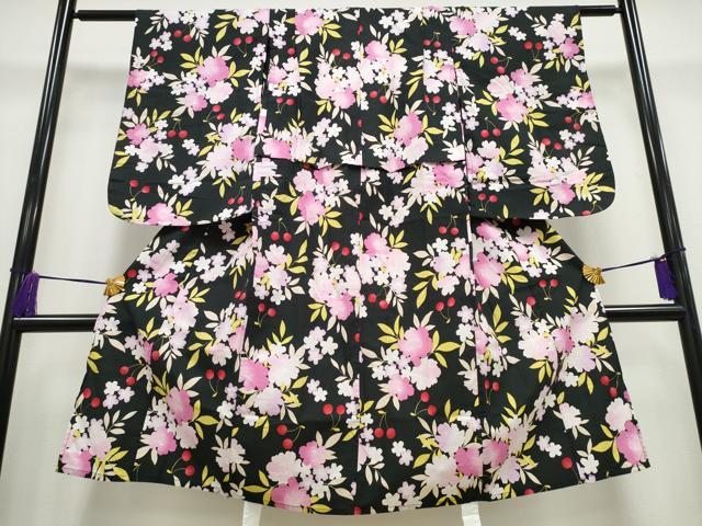 平和屋着物∴夏物　浴衣　子供　女の子　さくらんぼ　舞花文　黒地　綿　逸品　CABA0642ng