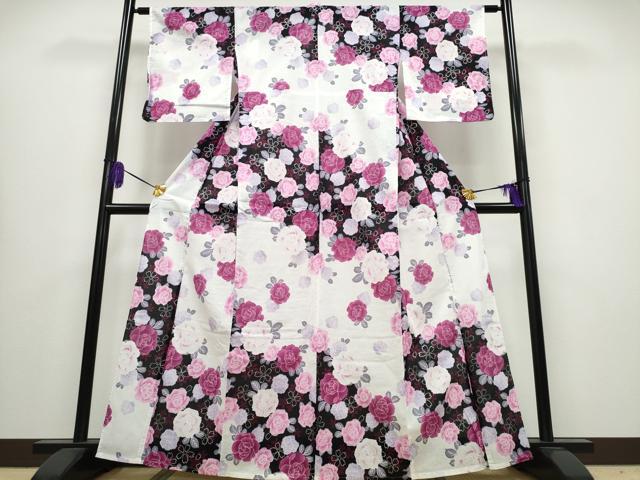 平和屋着物∴夏物　浴衣　薔薇　バラ　銀彩　綿　逸品　CABA0649ng
