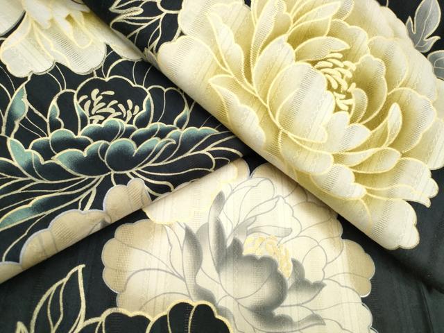 平和屋着物∴夏物　浴衣　牡丹　黒地　金彩　綿　逸品　CABA0653ng