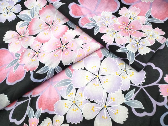 平和屋着物∴夏物　浴衣　舞花文　黒地　綿　逸品　CABA0654ng