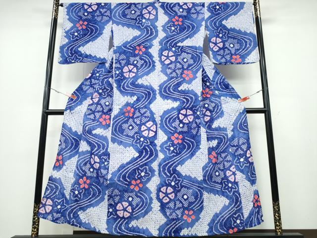 平和屋着物∴夏物　浴衣　有松鳴海絞り　流水舞花文　綿　逸品　CABA0736ng