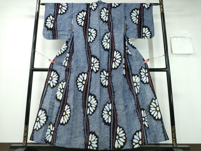 平和屋着物∴夏物　浴衣　有松鳴海絞り　よろけ縞花文　綿　逸品　CABA0758ng