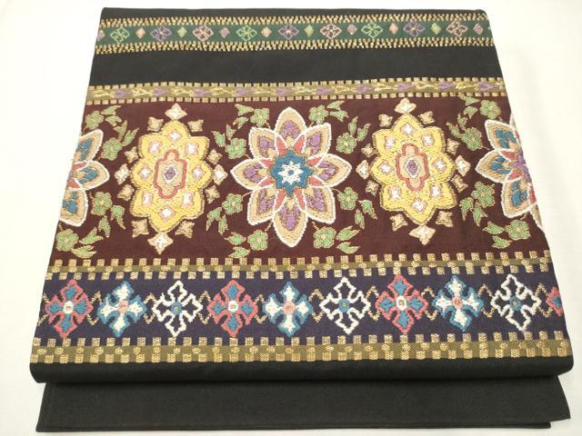 平和屋着物●九寸開き名古屋帯　唐織　横段正倉院花文　黒地　金糸　銀座越後屋扱い　正絹　逸品　CABA0801hy