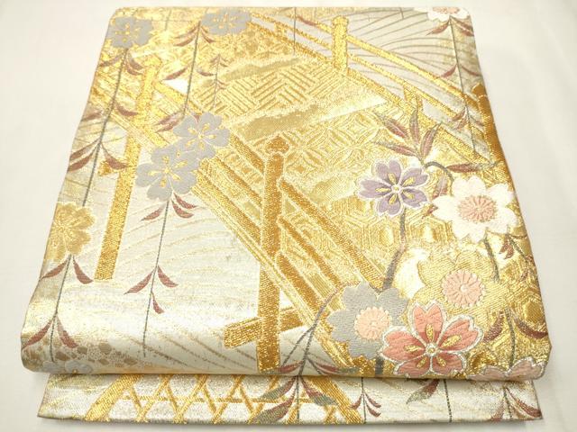 平和屋着物●六通柄袋帯　唐織　渡橋舞桜文　金銀糸　正絹　逸品　CABA0806hy