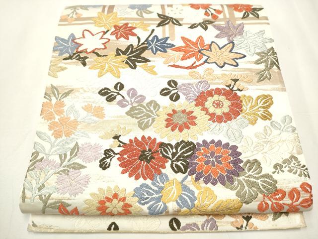 平和屋着物●六通柄袋帯　能衣唐織　格子牡草桜文　金糸　正絹　逸品　CABA0816hy