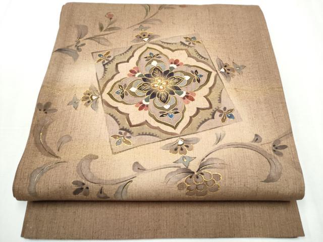 平和屋着物●太鼓柄袋帯　作家物　紬地　色紙花文　金彩　正絹　逸品　未使用　CABA0822hy