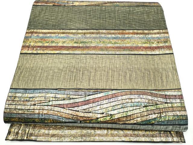 平和屋着物●全通柄袋帯　櫛織　横段文　金彩　正絹　逸品　CABA0823hy