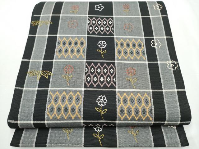 平和屋着物●六通柄袋帯　刺し子　格子花文　黒地　正絹　逸品　CABA0824hy