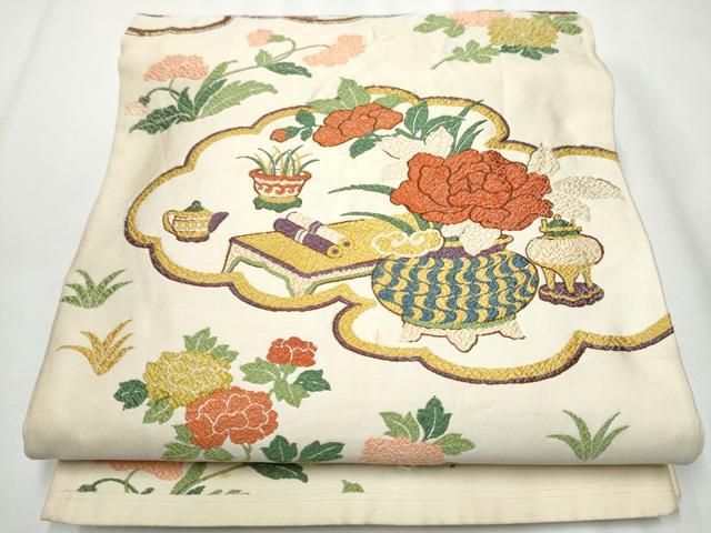 平和屋着物●六通柄袋帯　唐織　雲取陶器花文　金糸　正絹　逸品　CABA0829hy