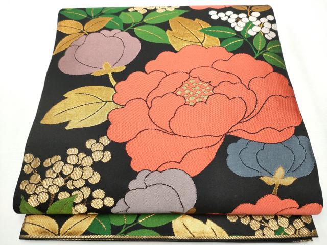 平和屋着物●全通柄　本袋帯　草花文　黒地　金糸　正絹　逸品　CABA0834hy