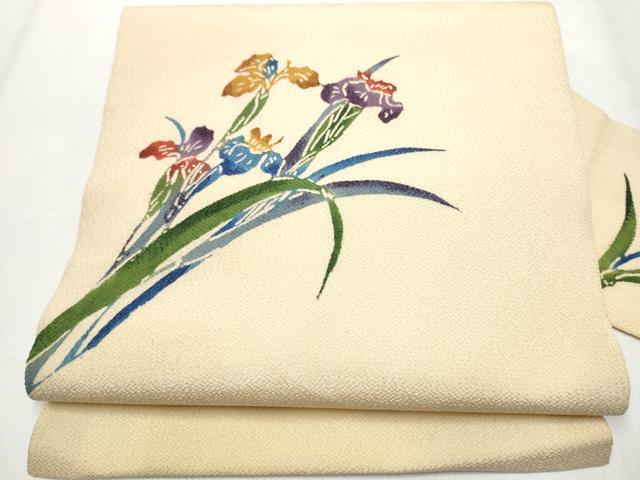 平和屋着物●九寸名古屋帯　型染め　草花文　鬼しぼ縮緬　正絹　逸品　CABA0850hy