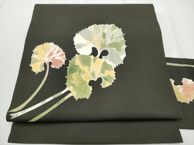 平和屋着物●塩瀬　九寸名古屋帯　作家物　枝葉文　黒地　金彩　正絹　逸品　CABA0896hy