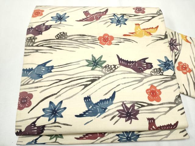 平和屋着物●九寸名古屋帯　紬地　型染め　花鳥文　正絹　逸品　CABA0897hy