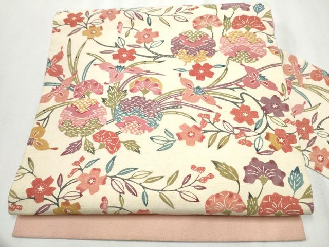 平和屋着物●九寸名古屋帯　紬地　型染め　雪輪吉祥花文　正絹　逸品　CABA0900hy