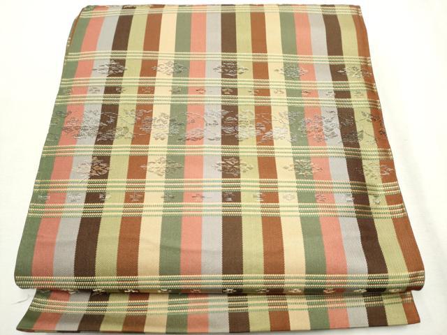 平和屋着物●両面　全通柄袋帯　横段花文　銀糸　正絹　逸品　CABA0911hy