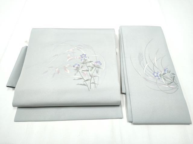 平和屋着物●塩瀬　つけ帯　作家物　手描き　枝花文　銀通し地　正絹　逸品　CABA0963hy